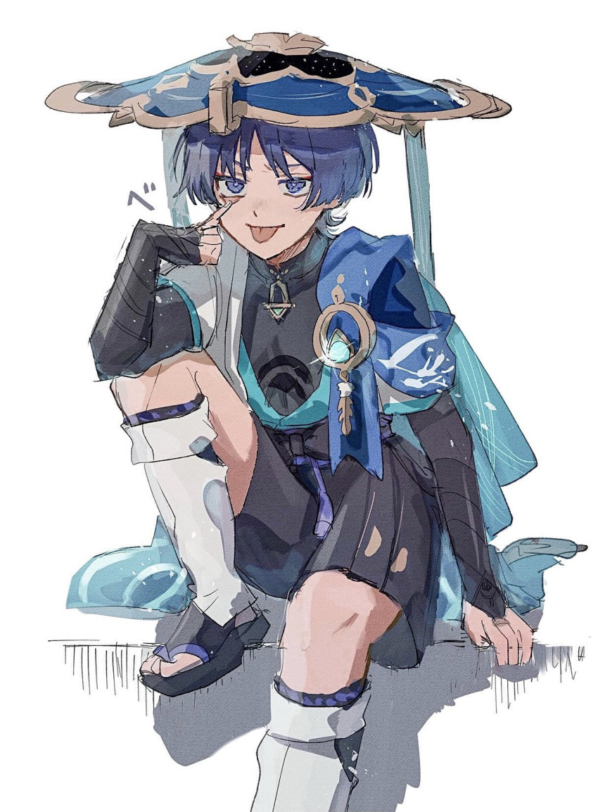 Safebooru - 1boy :p akanbe arm on own leg armor black bodysuit black ...