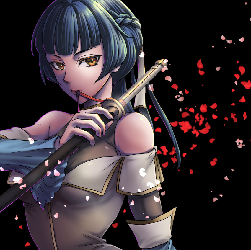 Safebooru - 1girl athena (fire emblem) bare shoulders black background blue hair brown eyes ...