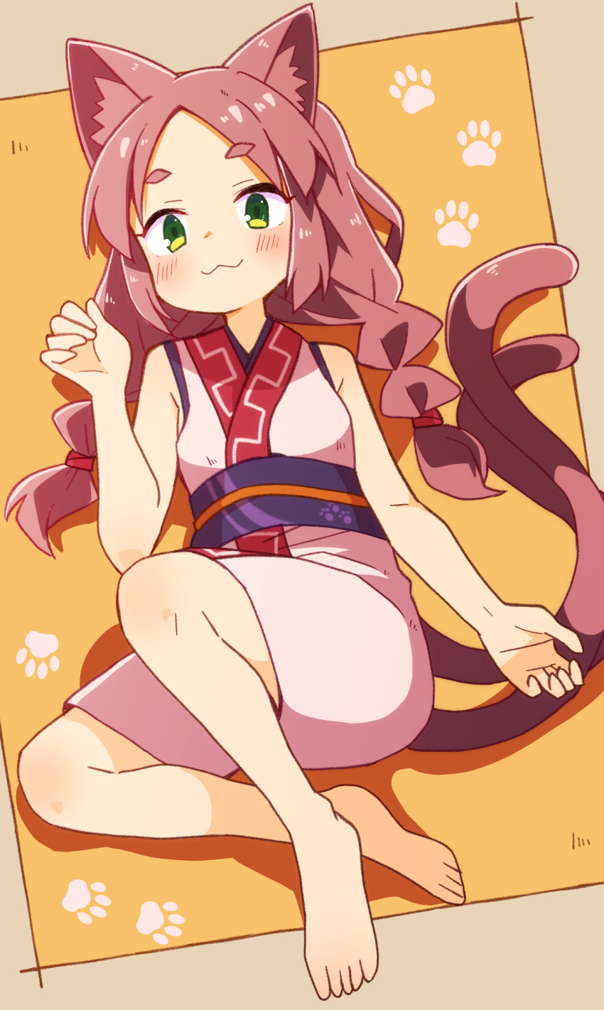 Safebooru - 1girl :3 animal ears barefoot cat ears cat girl cat tail forehead full body green ...