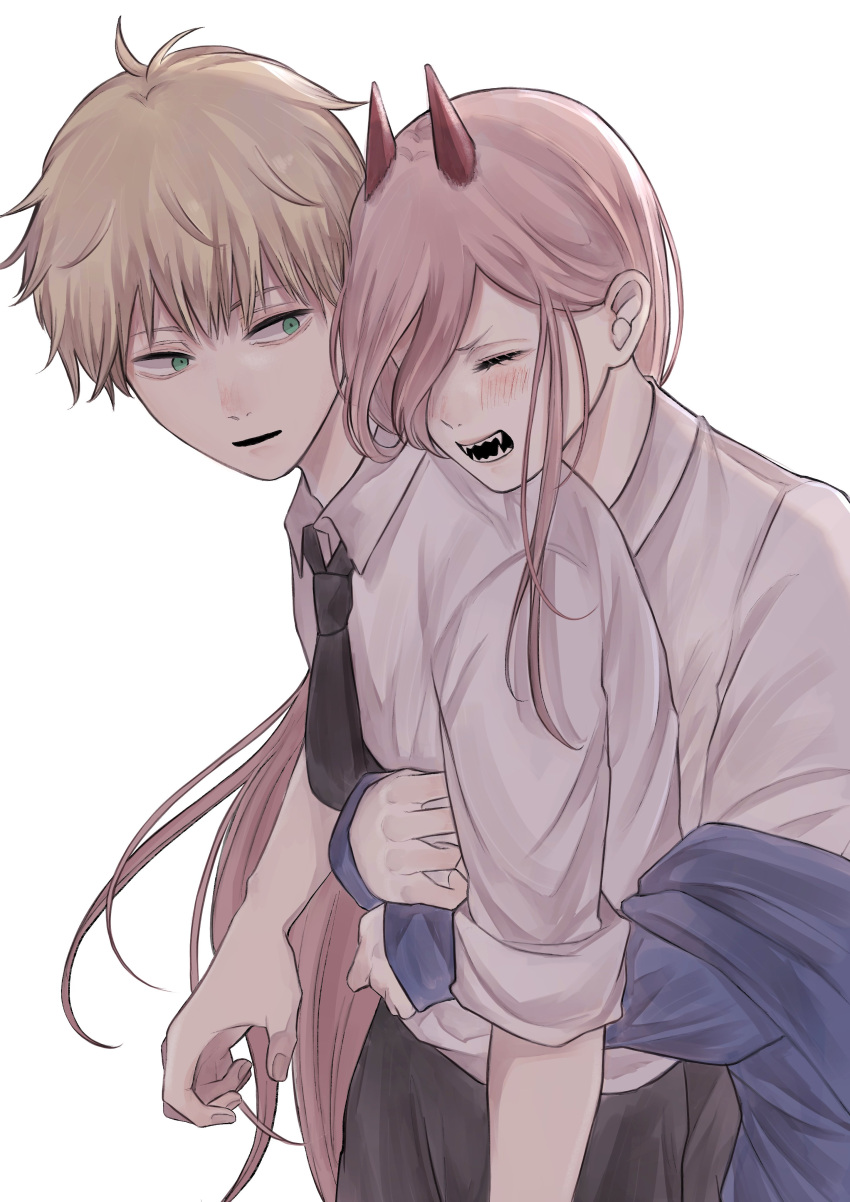 Safebooru - 1boy 1girl absurdres black necktie black pants blonde hair chainsaw man closed eyes ...