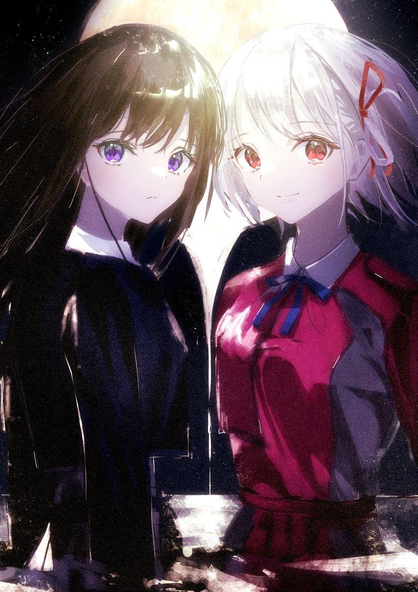 Safebooru - 2girls absurdres black hair blonde hair blue dress blue ribbon closed mouth ...