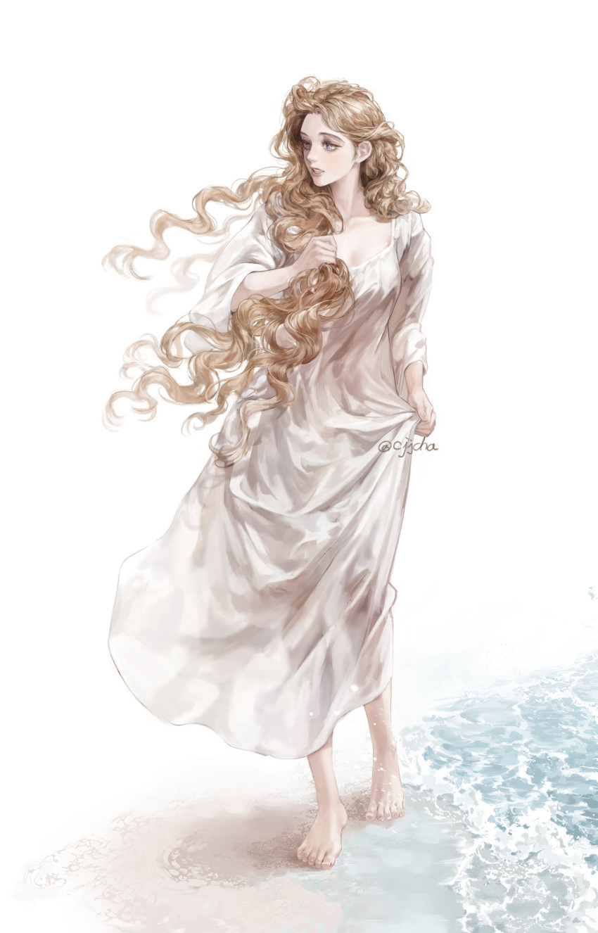 Safebooru - 1girl absurdres artist name barefoot beach blue eyes cjjcha collarbone curly hair ...