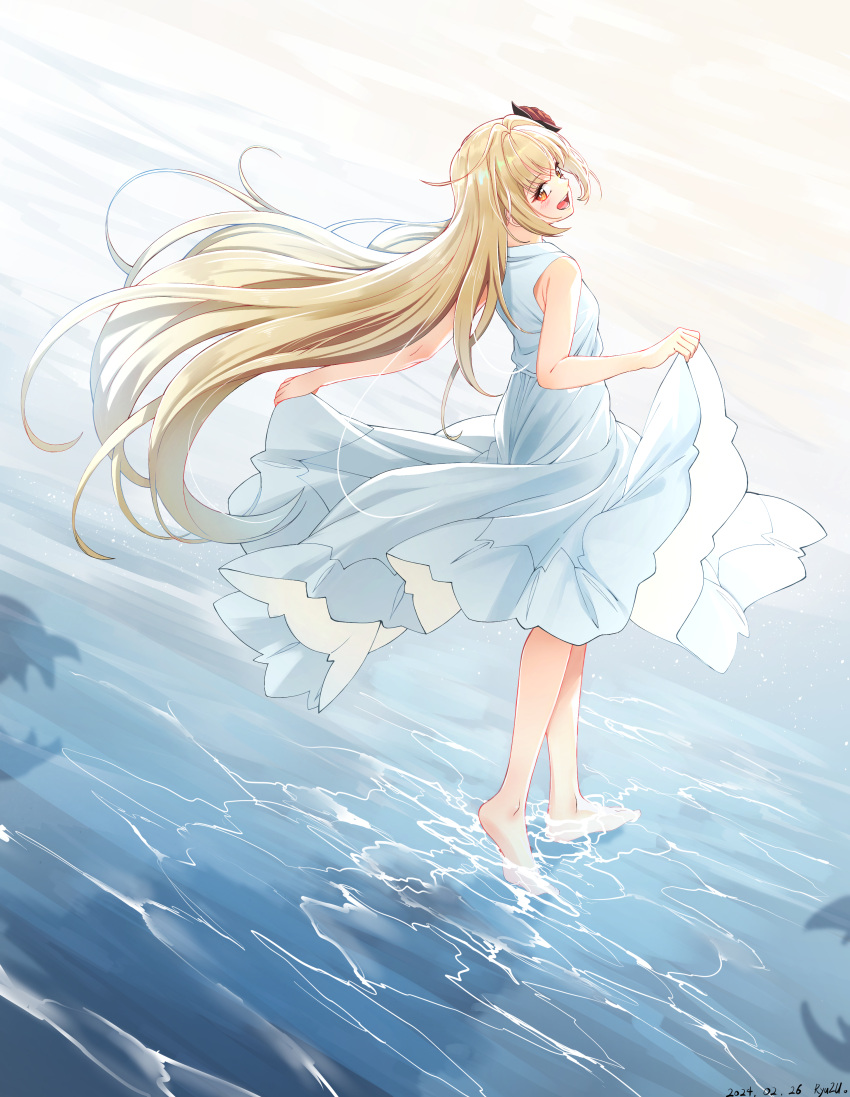 Safebooru - 1girl :d absurdres alternate costume artist name bare arms ...