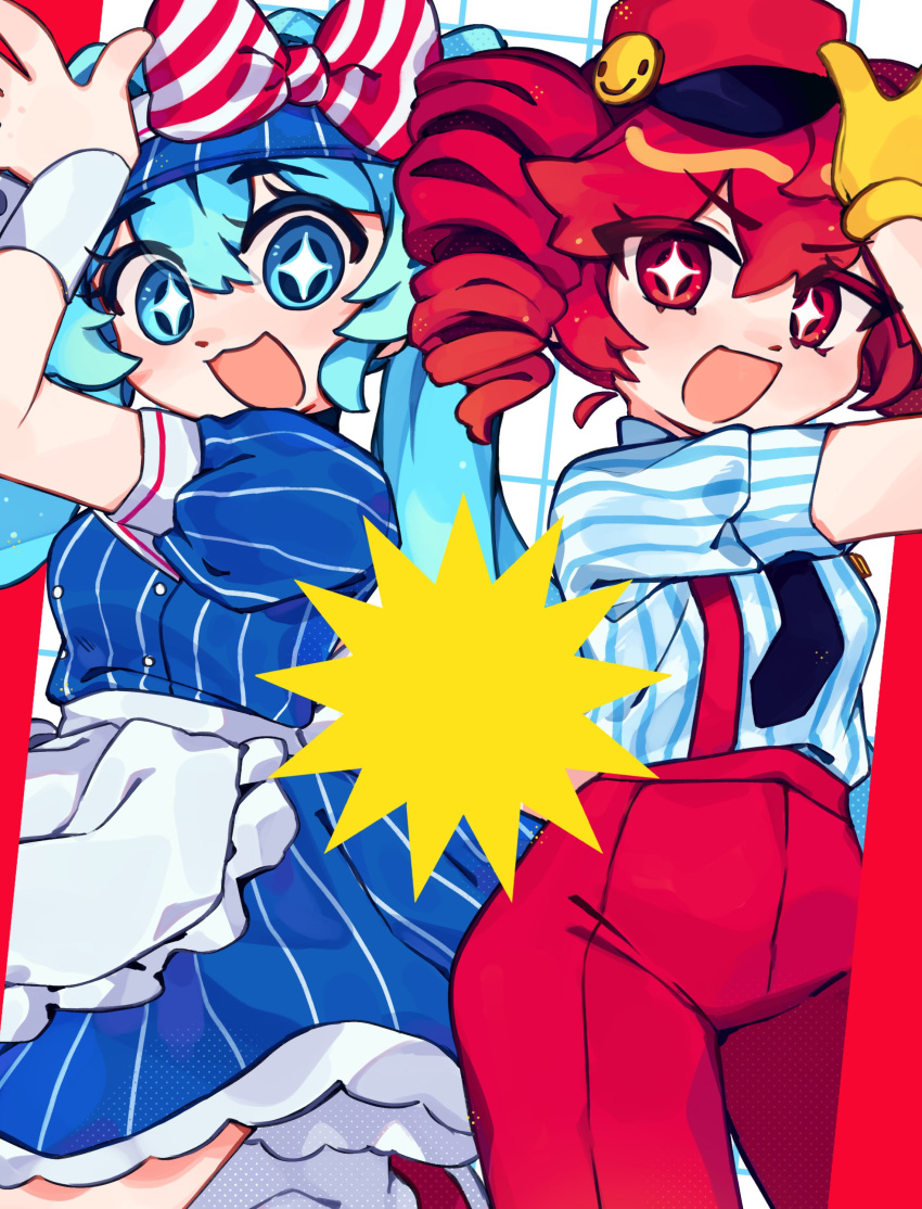 Safebooru - + + 2girls :3 :d absurdres apron black necktie blue dress ...