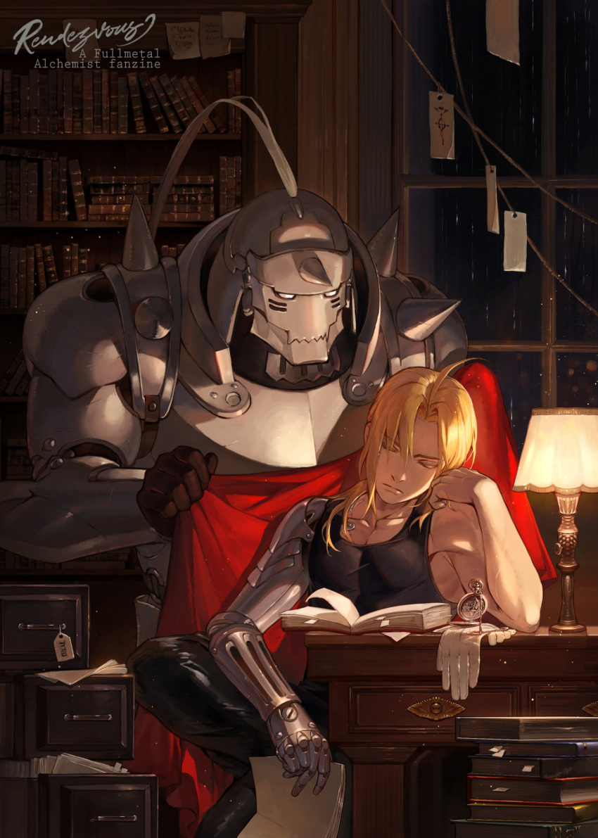Safebooru - 2boys absurdres ahoge alphonse elric armor automail bare shoulders black pants black ...