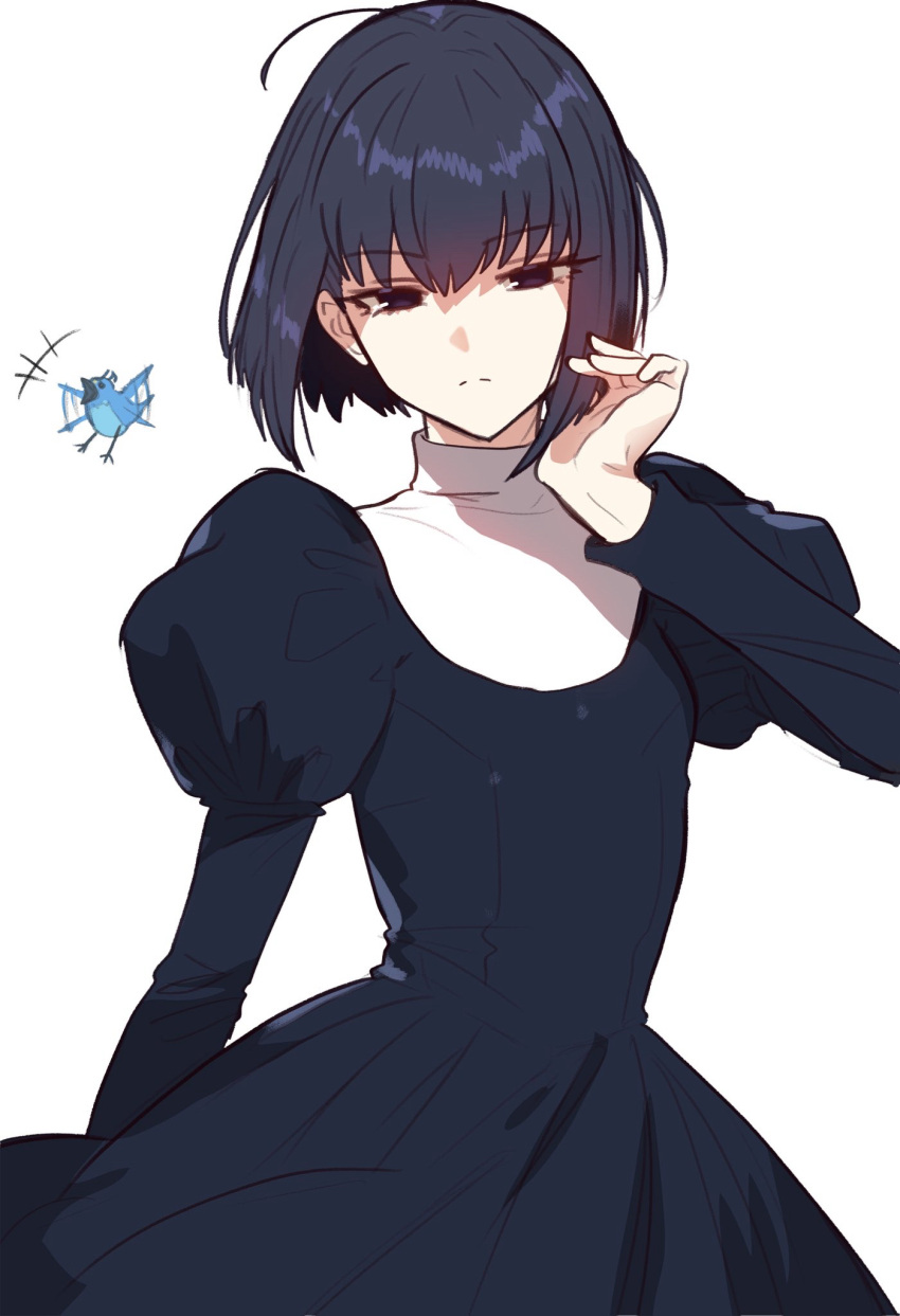 Safebooru - 1girl bird black dress black eyes black hair blue bird dress ebora expressionless ...
