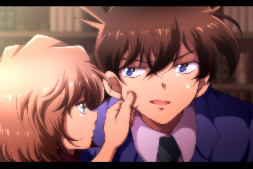 Safebooru - 1boy 1girl black hair blazer blue eyes blurry blurry background brown hair cheek ...