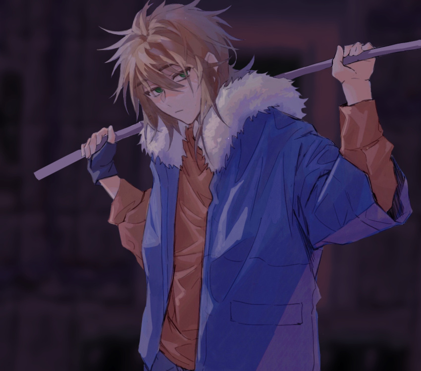 Safebooru - 1boy amane (chiakicxy) black gloves blue jacket blurry blurry background brown hair ...