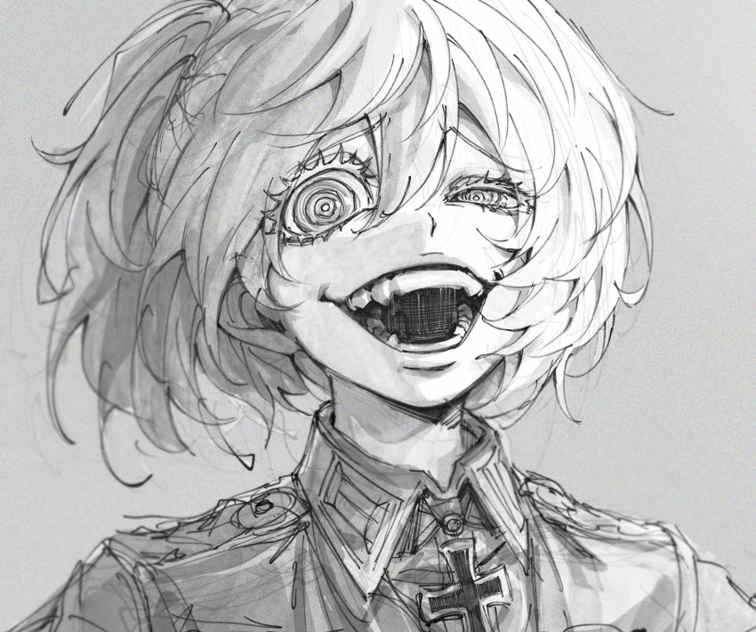 Safebooru - 1girl collared shirt cross epaulettes evil smile fangs grey ...