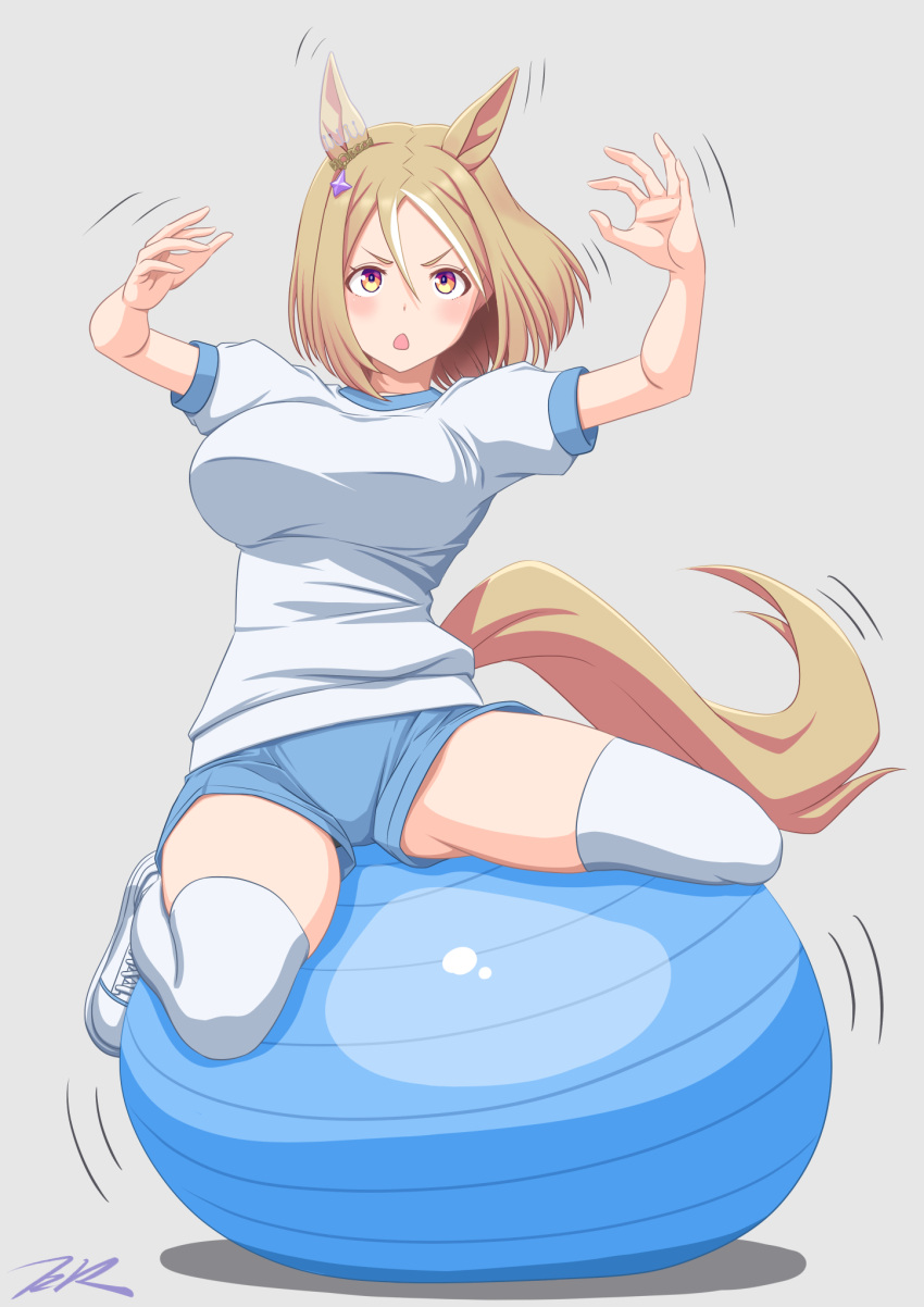 Safebooru - 1girl animal ears artist logo ball blonde hair blue shorts exercise ball grey ...