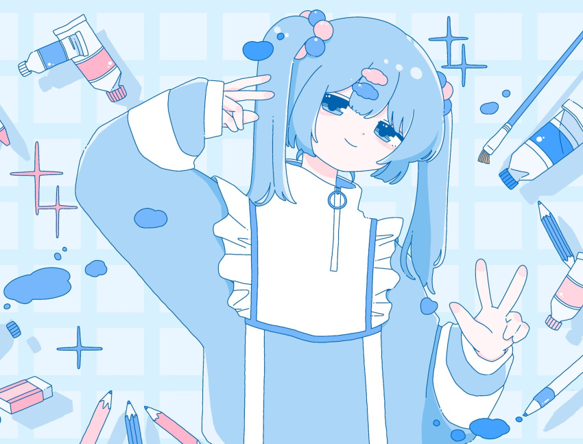Safebooru - 1girl arm up blue hair blue theme closed mouth commentary request dot nose eraser ...