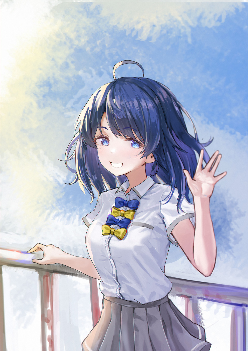 Safebooru - 1girl absurdres ahoge blue bow blue bowtie blue eyes blue hair bow bowtie collared ...