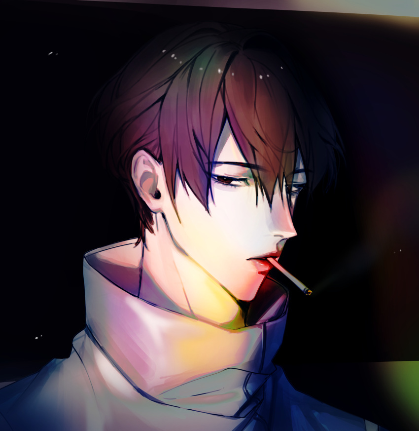 Safebooru - 1boy absurdres brown eyes brown hair cigarette gi um hair between eyes high collar ...