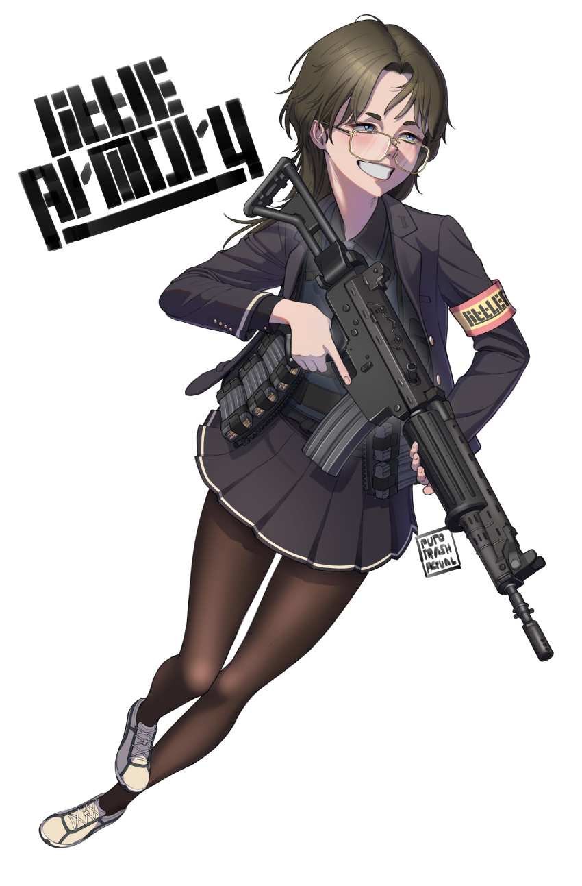 Safebooru - 1girl absurdres artist name assault rifle black shirt black ...