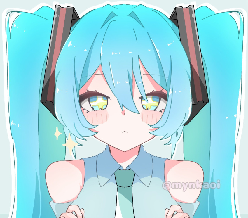 Safebooru - 1girl aqua eyes aqua hair aqua necktie black sleeves collared shirt detached sleeves ...