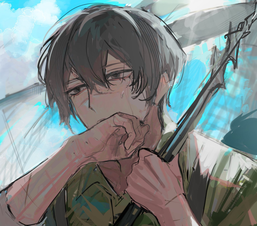 Safebooru - 1boy black eyes black hair hand up hands up harpoon highres ...