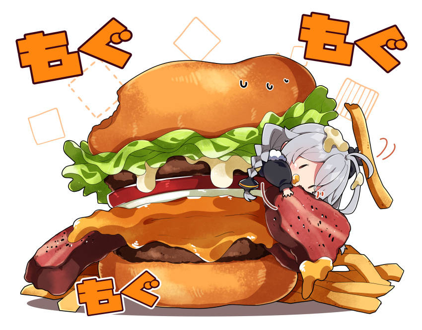 Safebooru - 1girl antenna hair bacon black jacket braid burger eating ...