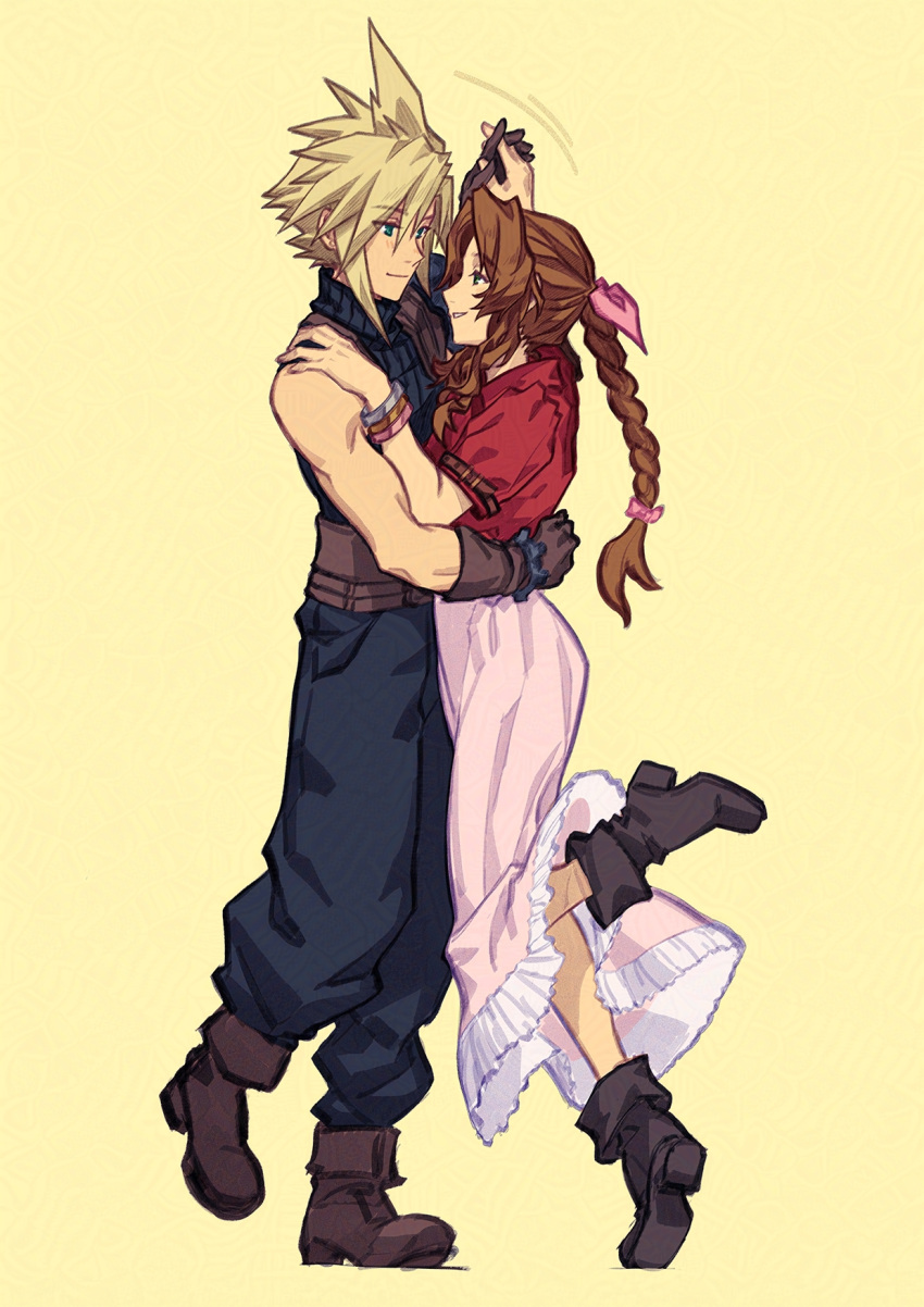 Safebooru - 1boy 1girl aerith gainsborough arm around waist armor baggy pants bangle belt blonde ...