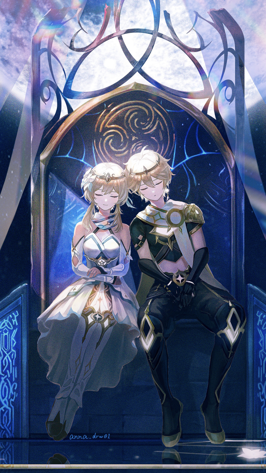 Safebooru - 1boy 1girl absurdres aether (genshin impact) ahoge anna (drw01) arm armor armor ...