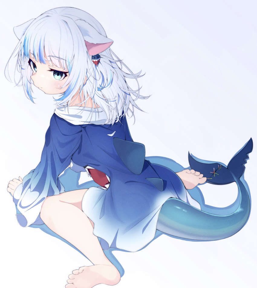 Safebooru - 1girl absurdres animal ears aqua eyes barefoot bite mark blue hair blue hoodie blunt ...