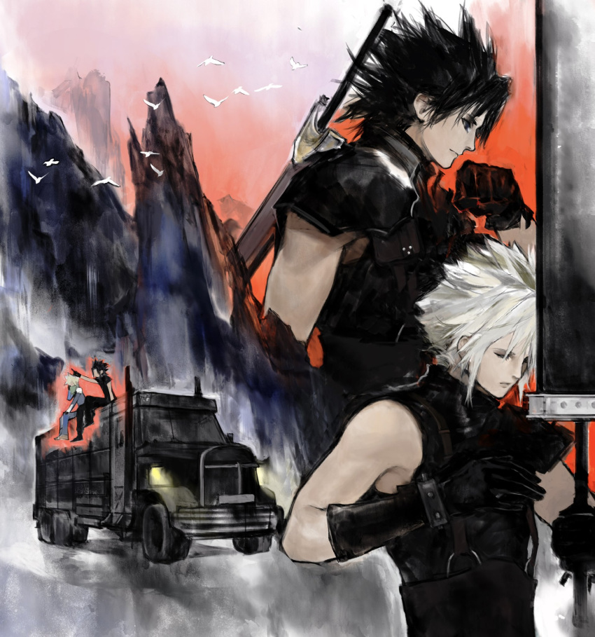 Safebooru - 2boys armor bird black gloves black hair blonde hair buster sword closed eyes cloud ...