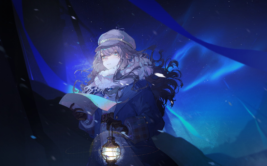 Safebooru - 1girl absurdres belt black gloves blue coat blue sky brown belt brown hair cabbie ...