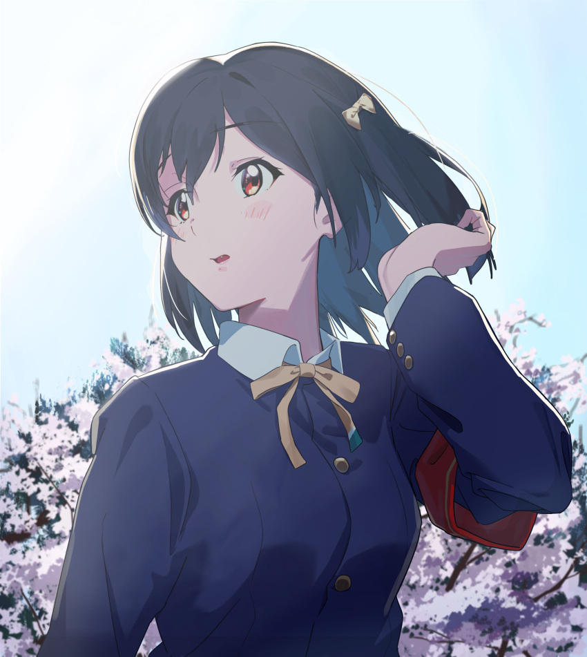Safebooru - 1girl absurdres armband black hair black jacket blue sky blush bow buttons cherry ...
