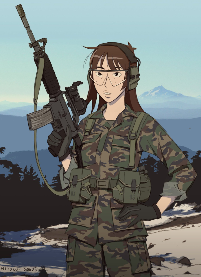 Safebooru - black eyes brown hair buck teeth camouflage camouflage ...