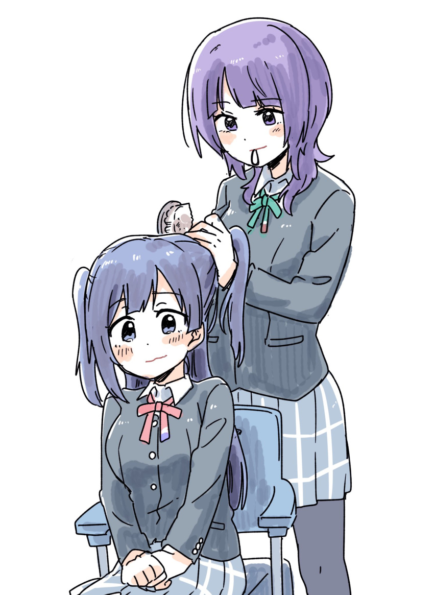 Safebooru - 2girls asaka karin black jacket black pantyhose blue hair blue skirt blunt bangs ...