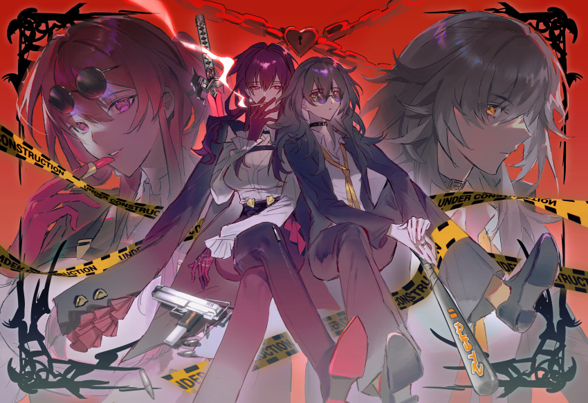 Safebooru - 2girls absurdres alternate costume baseball bat black coat black footwear black ...