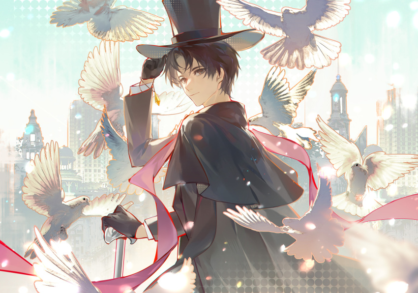 Safebooru - 1boy absurdres bird bishounen black gloves black hair black hat blue sky blurry ...