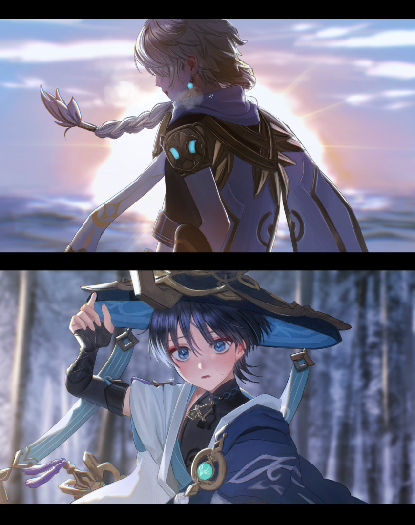 Safebooru - 2boys 4the2ofus aether (genshin impact) ahoge arm armor arm up armor black border ...