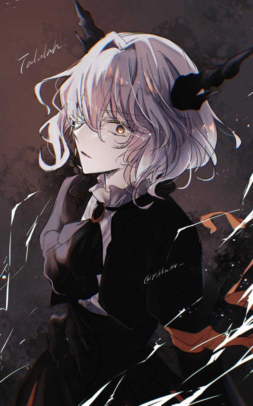 Safebooru - 1girl absurdres angry arknights arm at side ascot black ascot black dress brown ...