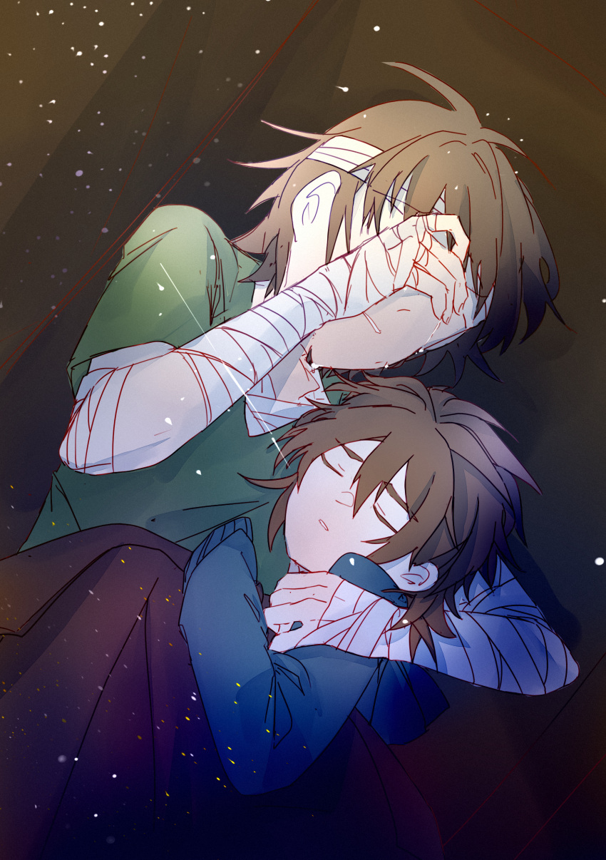 Safebooru - 2boys absurdres bandaged arm bandaged chest bandaged head bandages blue shirt brown ...