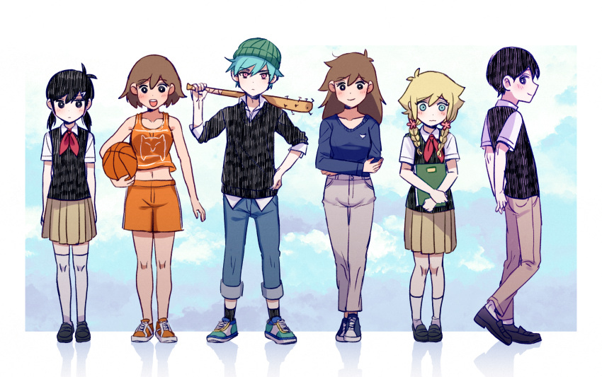 Safebooru - 2boys 4girls aubrey (faraway) (omori) aubrey (omori) baseball bat basil (faraway ...