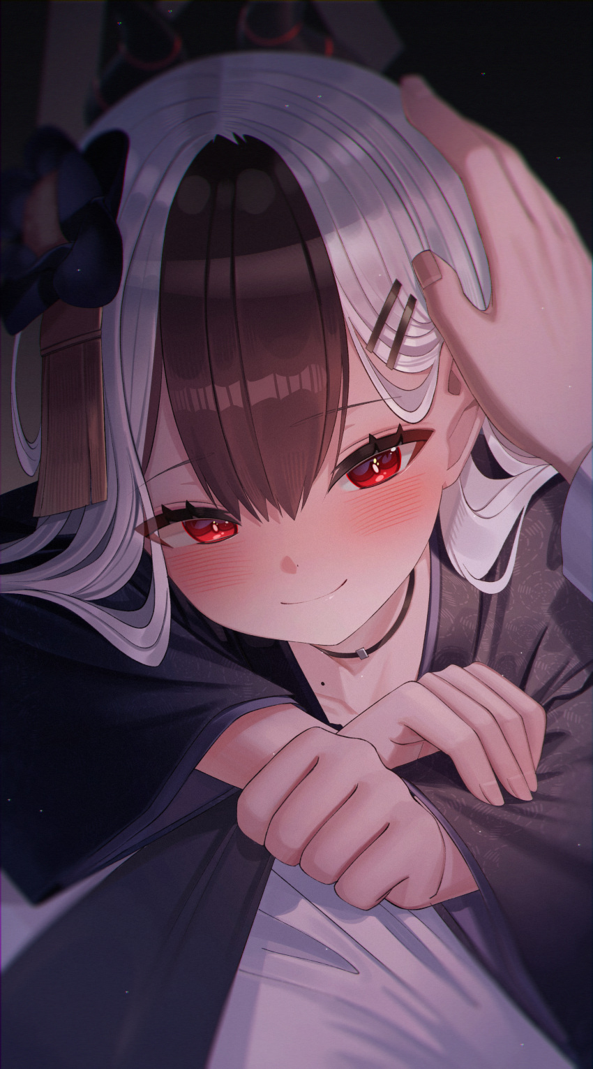 Safebooru - 1girl 1other absurdres black hair black horns black kimono blue archive blush closed ...