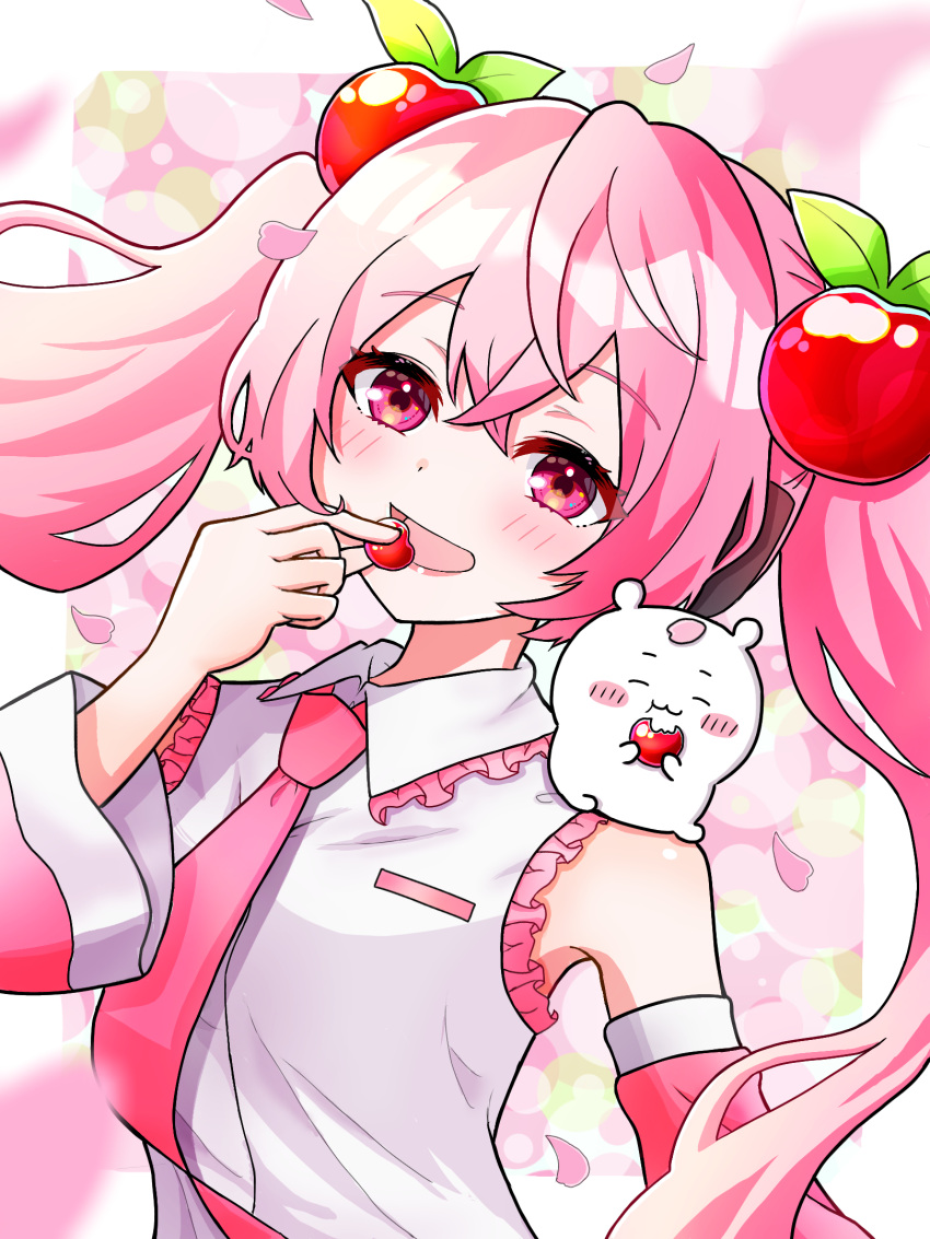 Safebooru - 1girl :d animal on shoulder breast pocket cherry cherry ...
