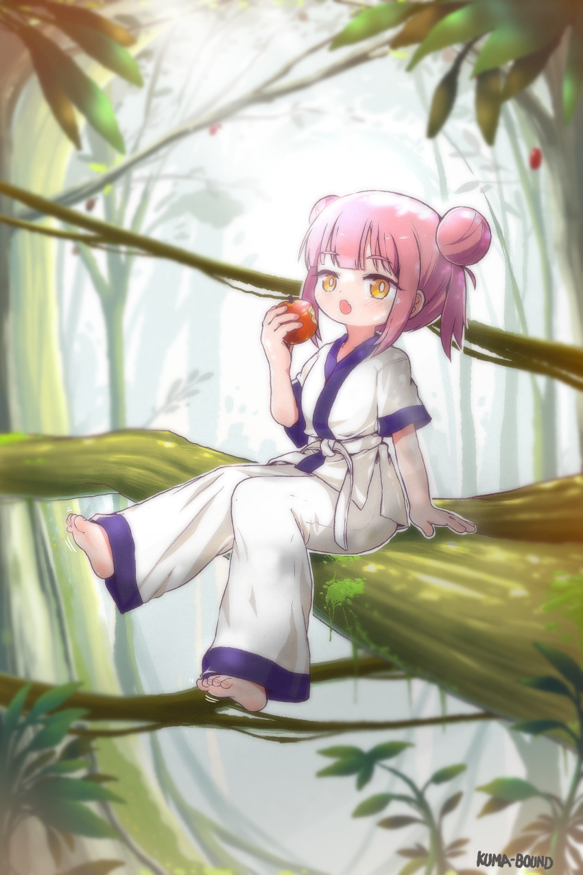 Safebooru - 1girl absurdres apple artist name barefoot belt bitten apple blurry blurry ...