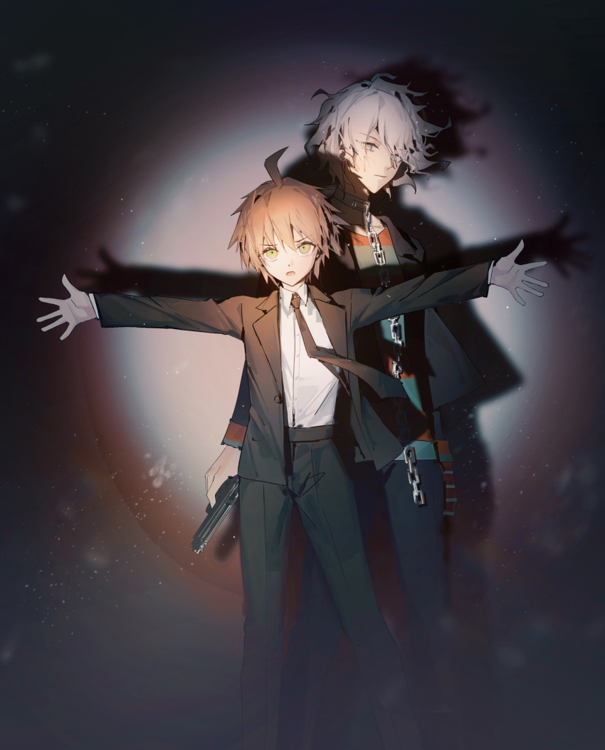 Safebooru - 2boys absurdres against wall ahoge animal costume belt ...