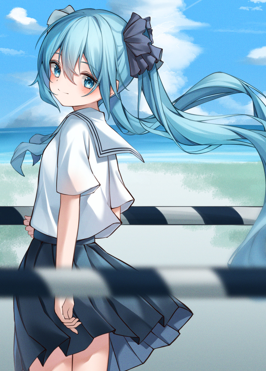Safebooru - 1girl absurdres aqua eyes aqua hair aqua neckerchief black skirt blue sky blush ...