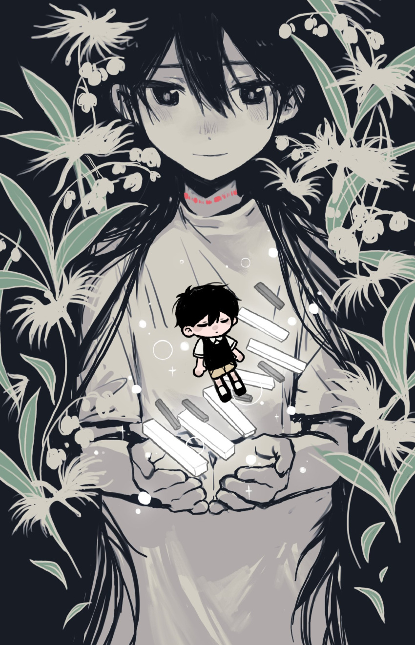 Safebooru - 1boy 1girl black eyes black hair black sweater vest brown shorts closed eyes closed ...