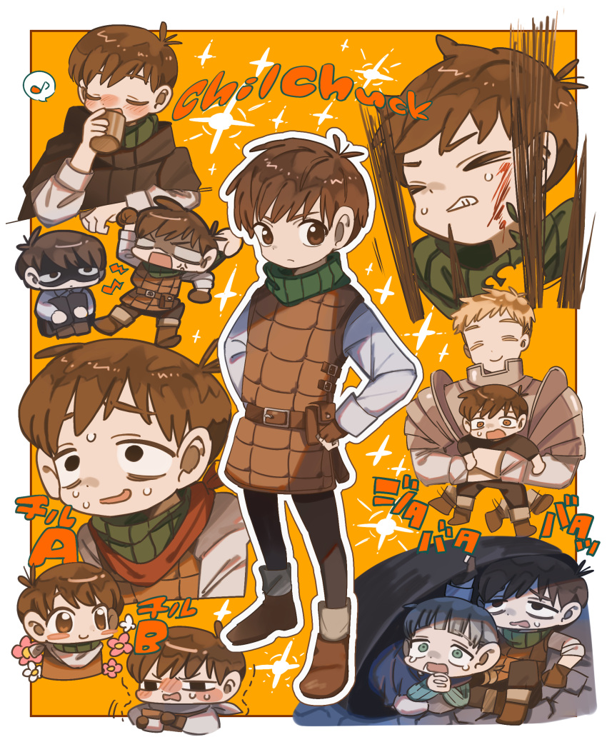 Safebooru - 3boys absurdres armor black pants blonde hair blood blood on face blush boots brown ...