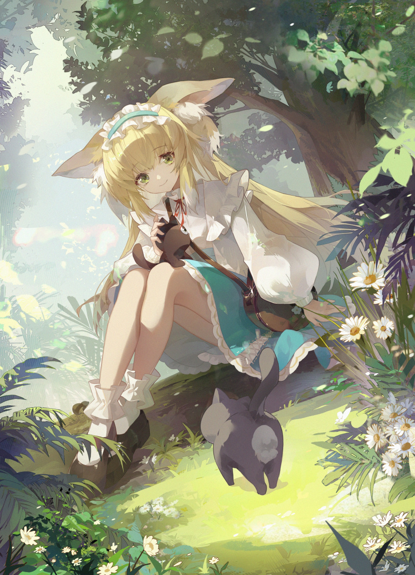 Safebooru - 1girl absurdres animal ear fluff animal ears animal on lap aqua skirt arknights bag ...