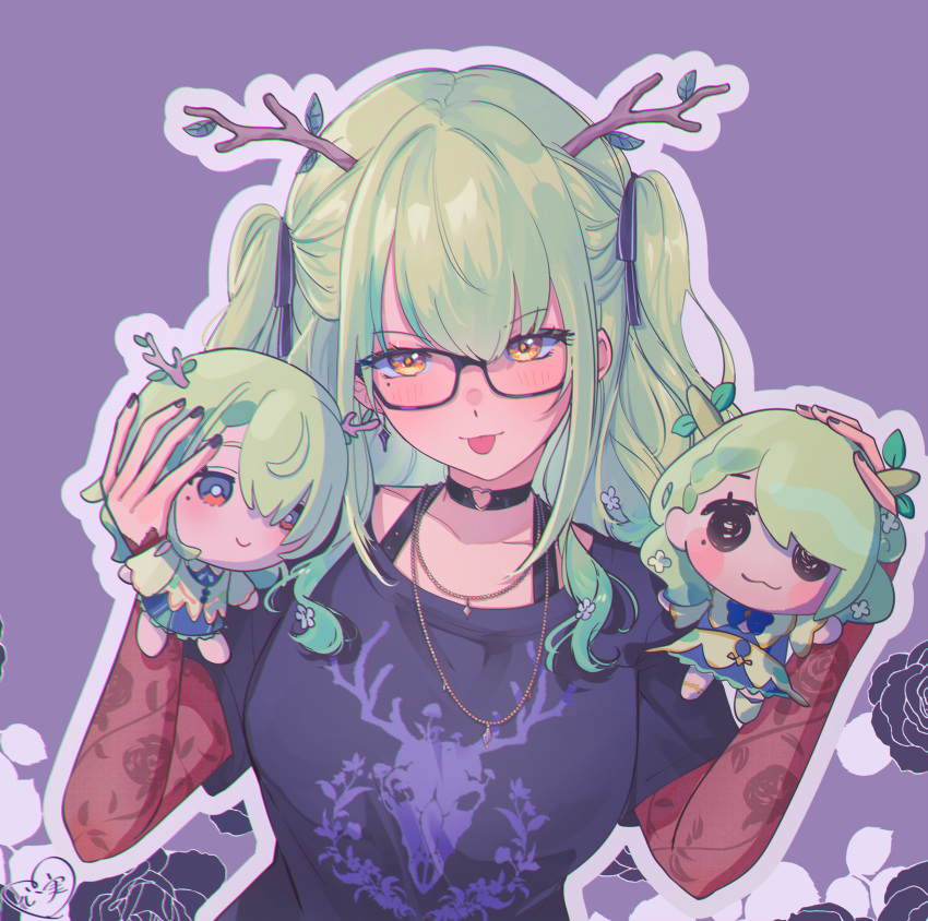 Safebooru - 1girl :p absurdres antlers black nails black ribbon black shirt blush ceres fauna ...