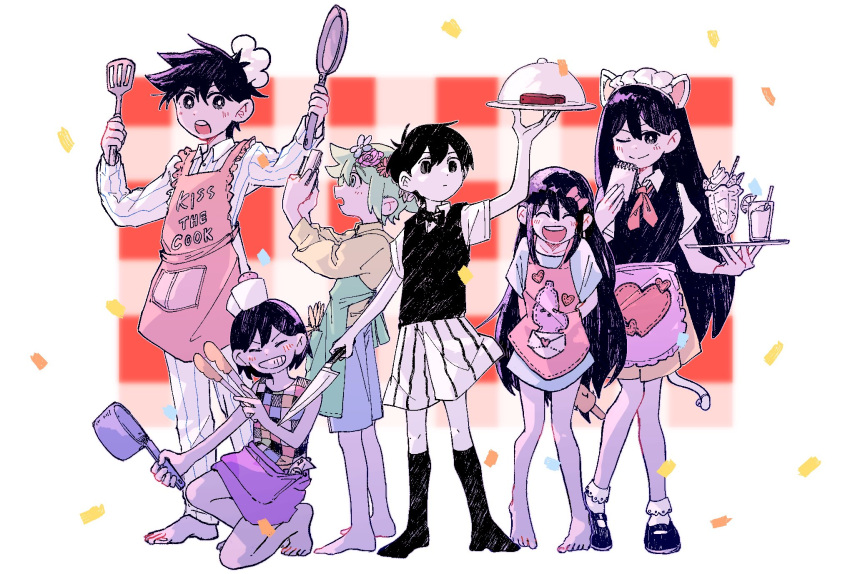 Safebooru - 2girls 4boys animal ears apron arms up aubrey (headspace) (omori) aubrey (omori ...