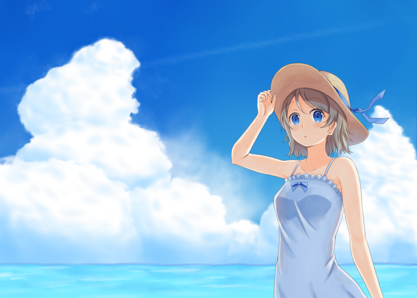 Safebooru - 1girl blue eyes brown hair clouds cumulonimbus cloud dress hat highres looking at ...