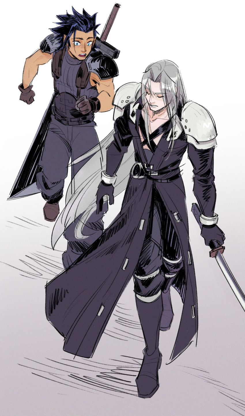 Safebooru - 2boys armor baggy pants bangle belt belt buckle black belt black coat black footwear ...