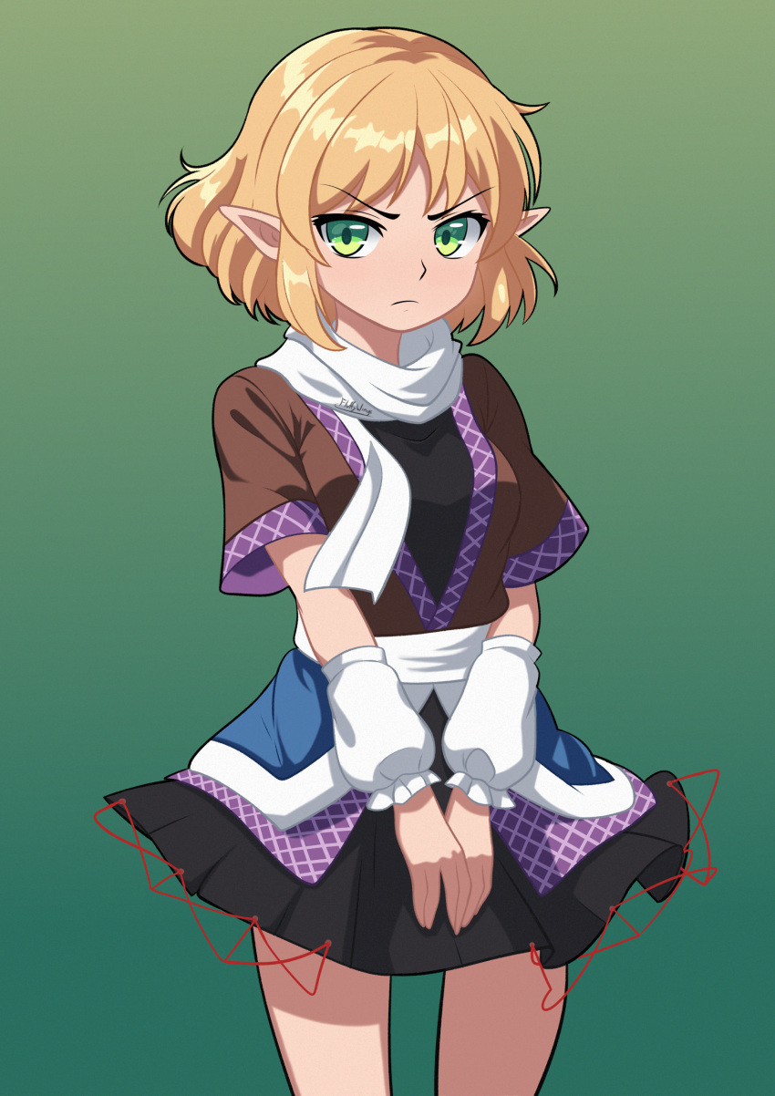 Safebooru - absurdres black shirt black skirt blonde hair blue overskirt brown jacket closed ...
