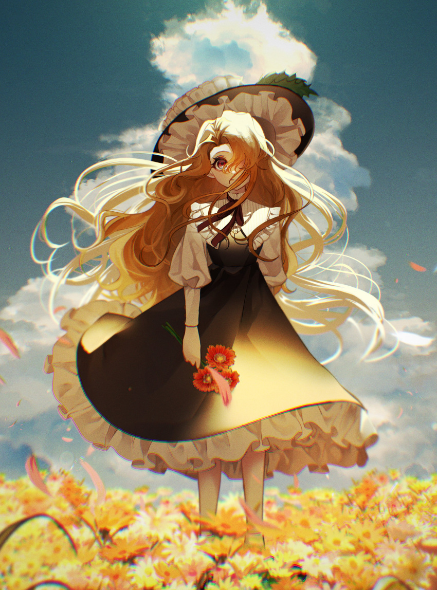 Safebooru - 1girl absurdres black dress black hair blonde hair clouds ...