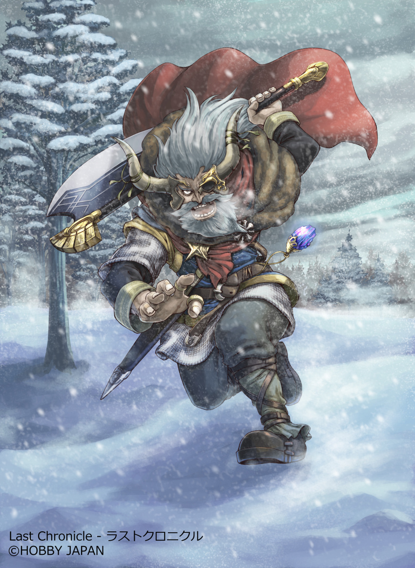 Safebooru - 1boy absurdres axe beard breath brown footwear cape copyright notice eyepatch facial ...